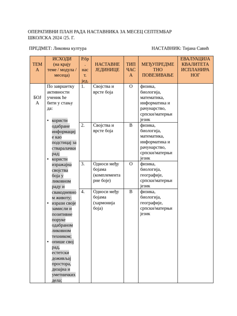 Likovna Kultura 6 Klett Operativni Planovi | PDF