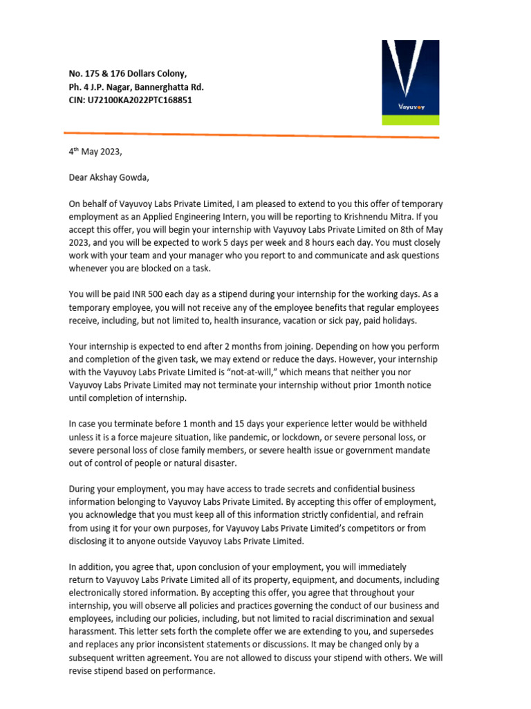 Vayuvoy Labs Private Limited Offer Letter Akshay Gowda | PDF | Employment | Justice
