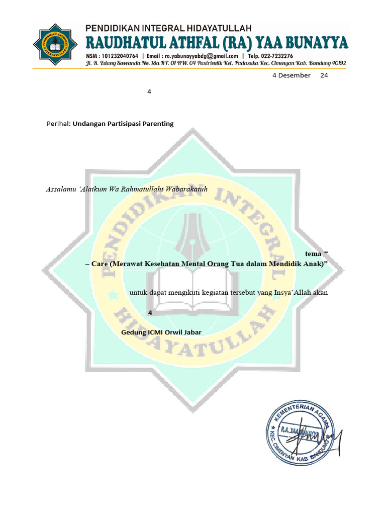 Surat Undangan Parenting RA Al Labib | PDF