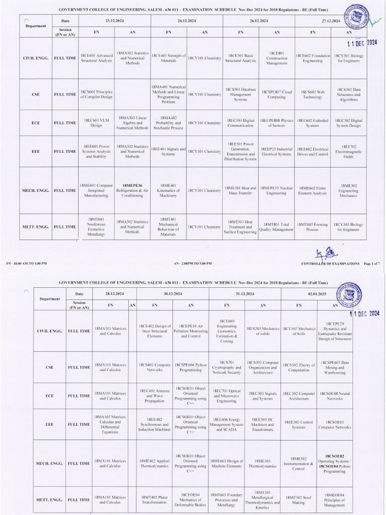 Examination Schedule Nov - Dec 2024 - 2018 Regulation - UG (Full Time ...