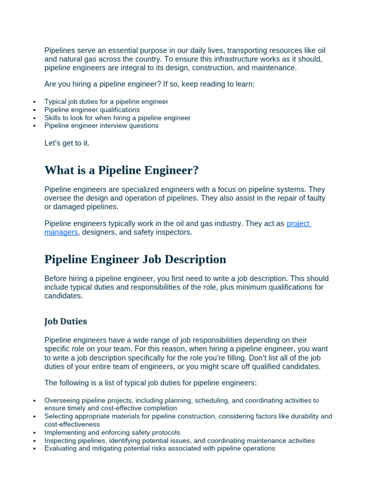 Pipeline Engineer Job Description | PDF | Engineer | Engineering