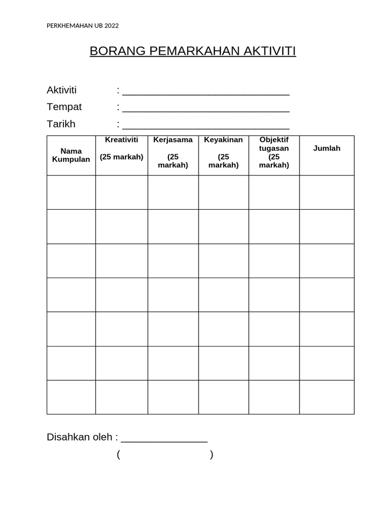 Borang Pemarkahan Aktiviti | PDF