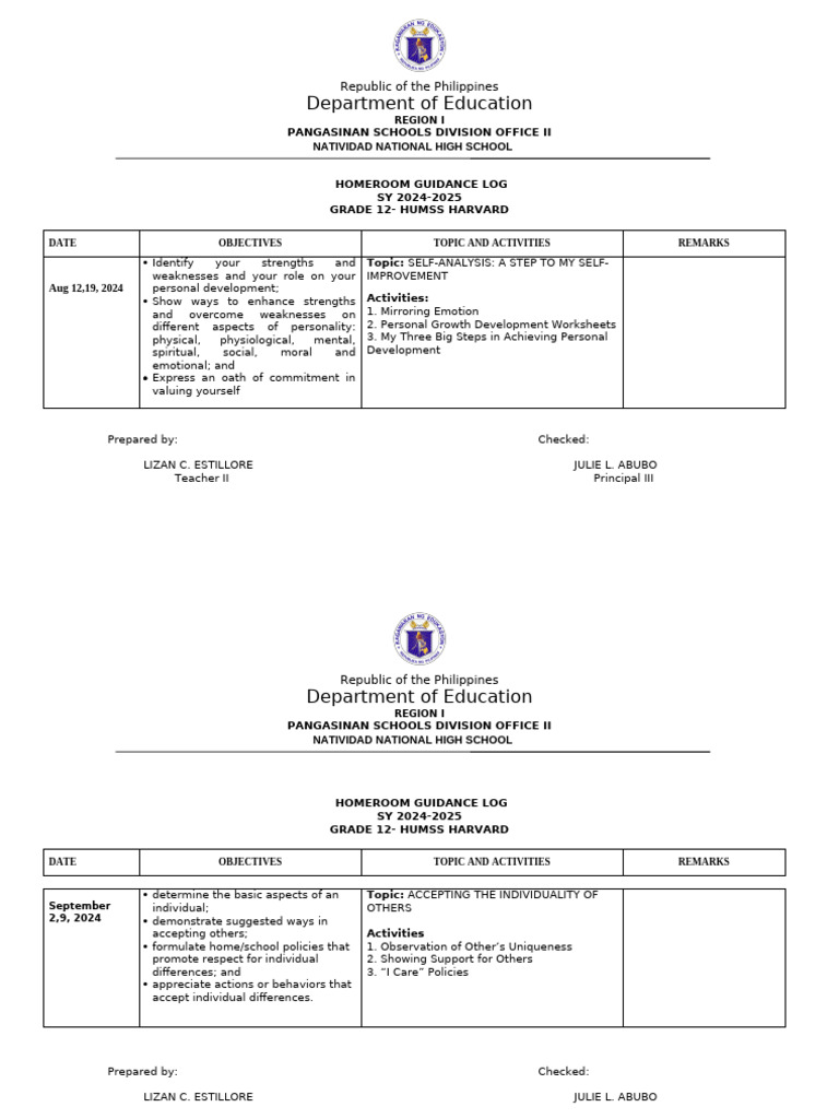 Homeroom Guidance Log 2024 2025 | PDF | Teachers | Thought
