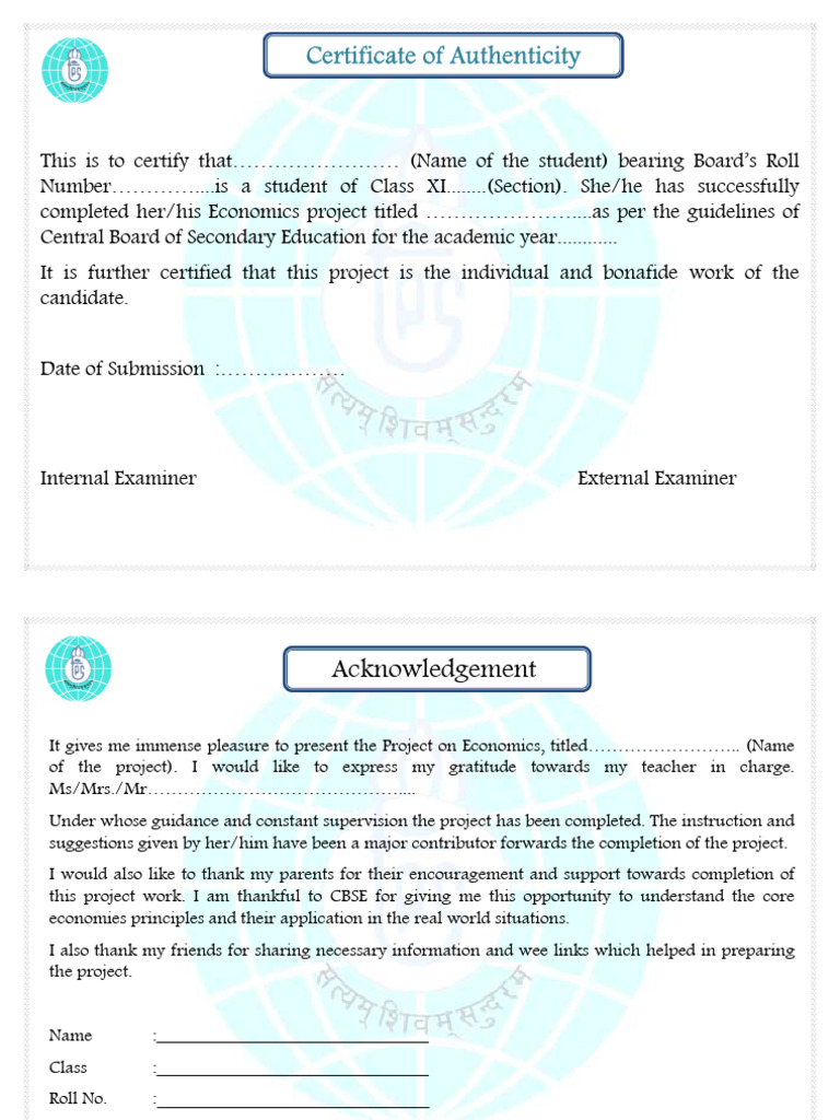 Class XI Economics Project Certificate | PDF