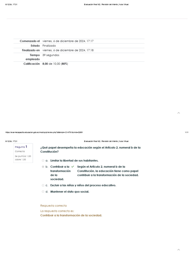 Evaluación Final M2. - Revisión Del Intento - Aula Virtual2 | PDF | Evaluación | Inclusión ...