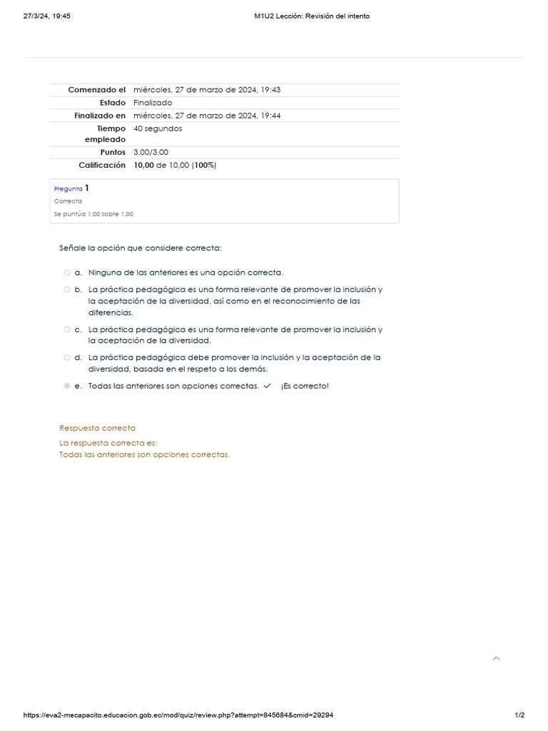 M1U2 Lección - Revisión Del Intento | PDF | Aprendizaje | Cognición