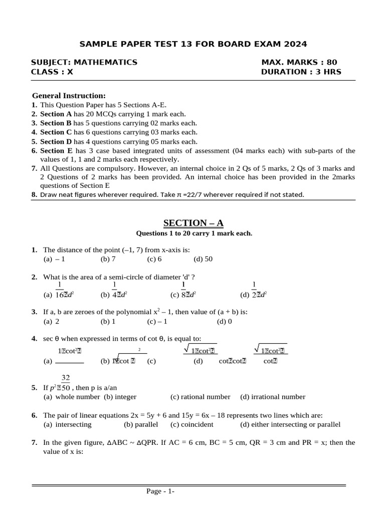 Maths Class X Sample Paper Test 13 For Board Exam 2024 | PDF | Numbers ...