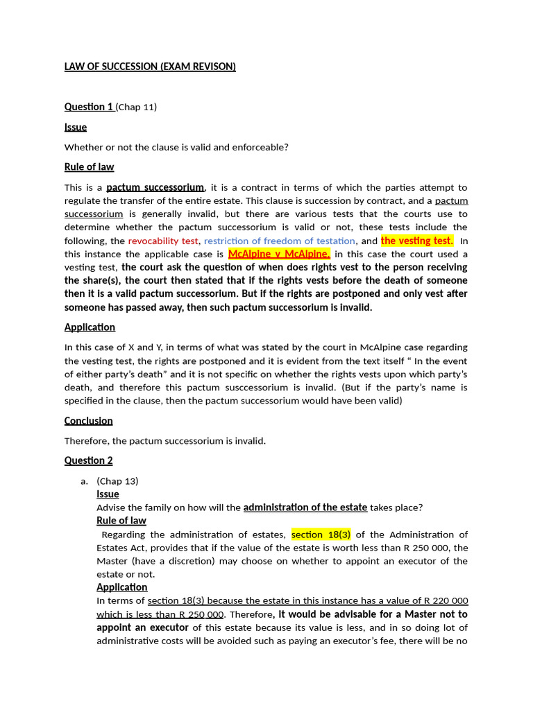 Law of Succession Exam Revision | PDF | Will And Testament | Justice