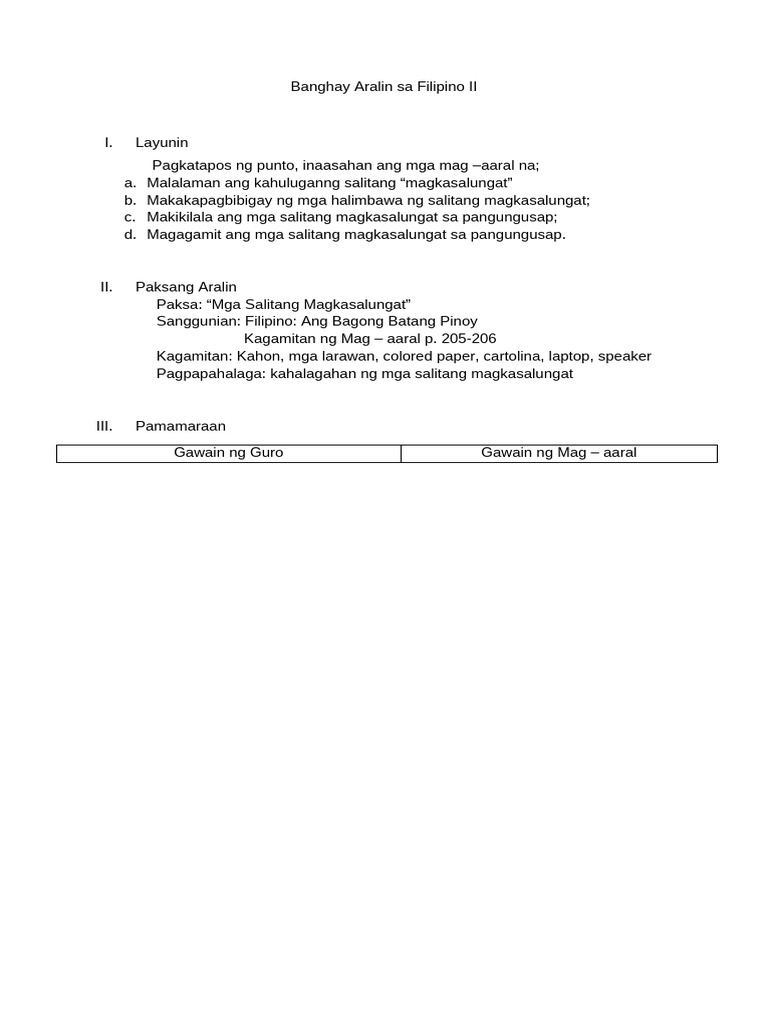 Banghay Aralin sa Filipino II | PDF