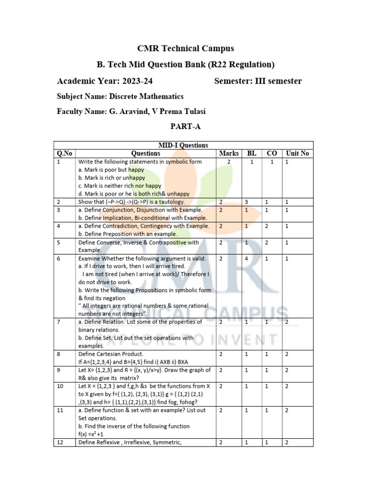 B.Tech R22 Mid Question Bank DM | PDF | Group (Mathematics) | Mathematical Relations
