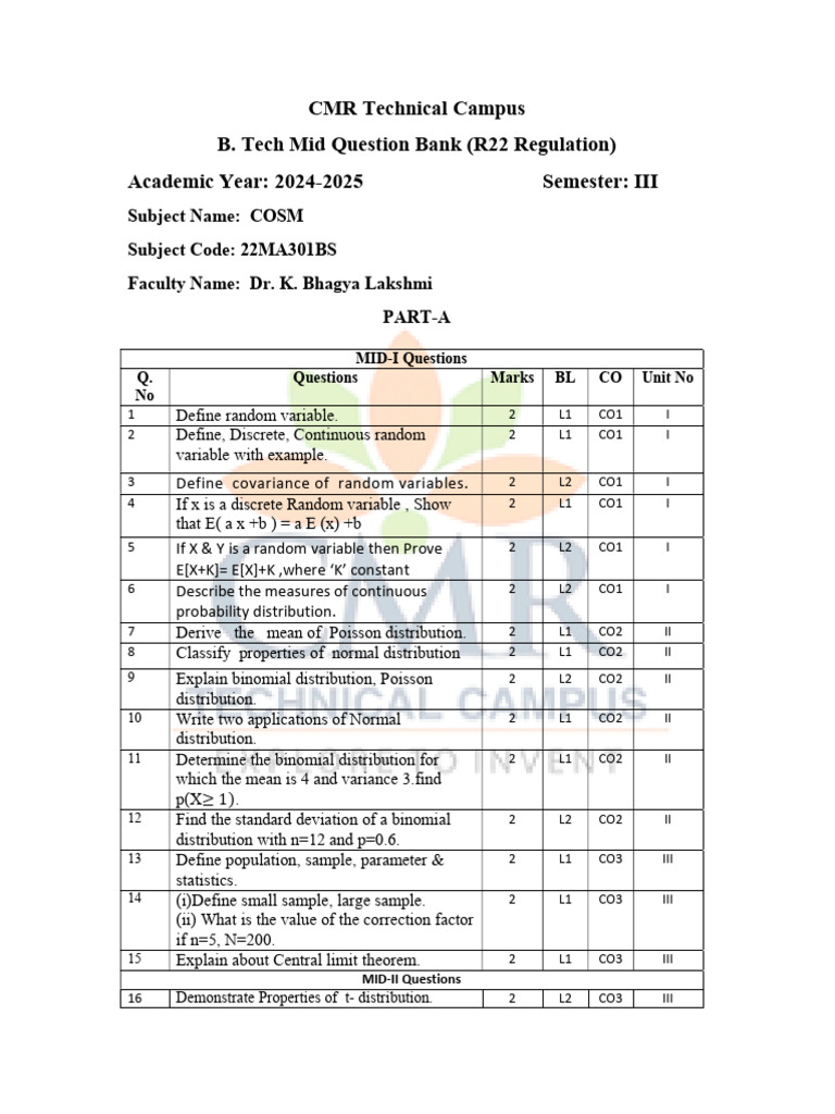 B.Tech R22 Mid Question Bank COSM | PDF | Probability Distribution | Variance