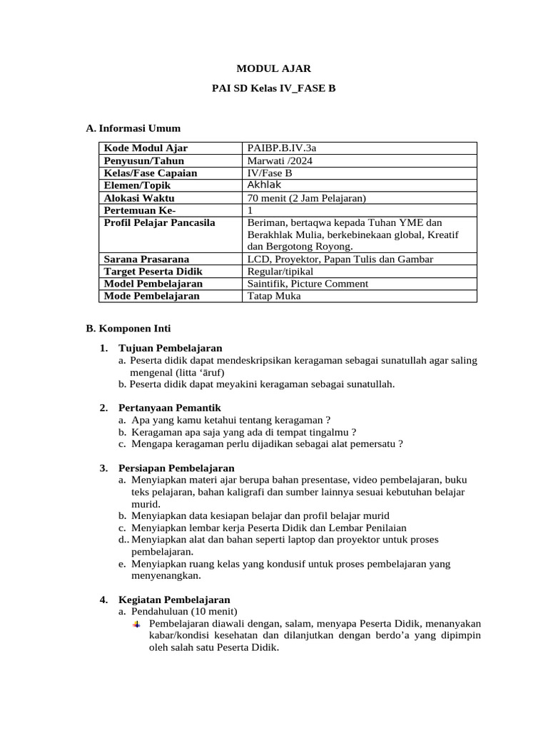 Modul Ajar PAI SD Kelas IV: Akhlak | PDF