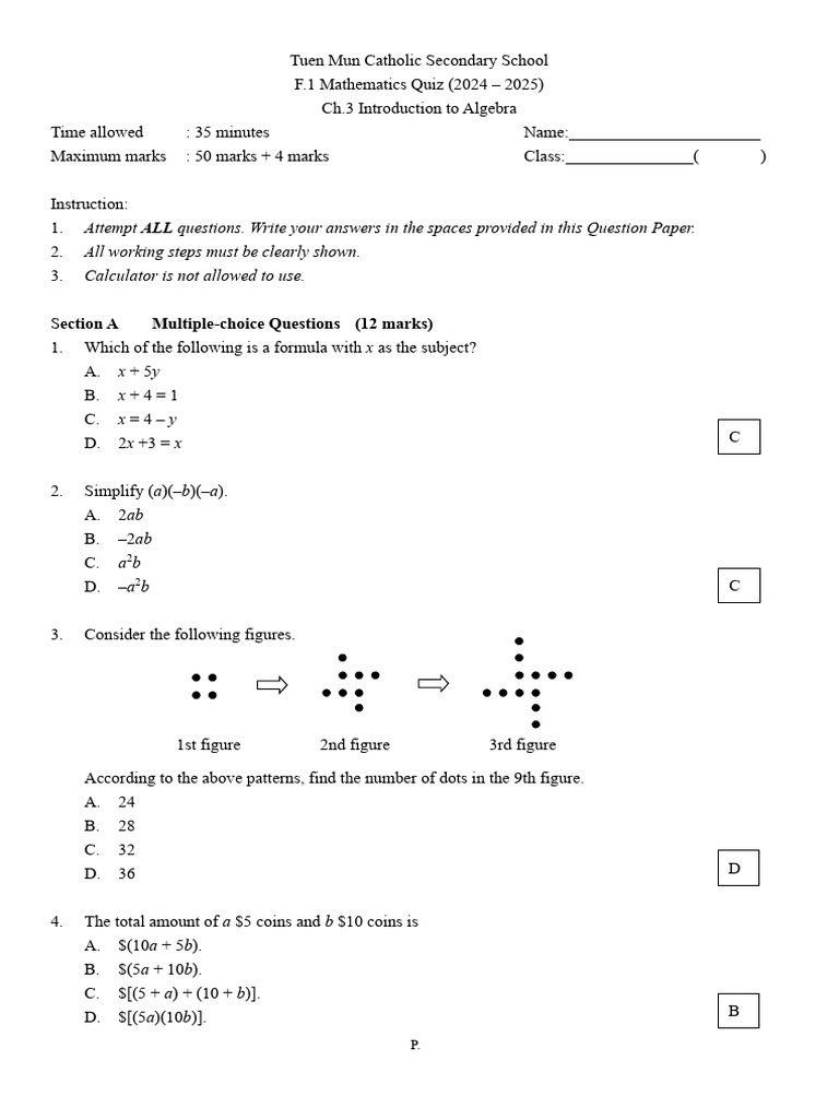 Tuen Mun F.1 Algebra Quiz 2024-2025 | PDF | Elementary Mathematics ...