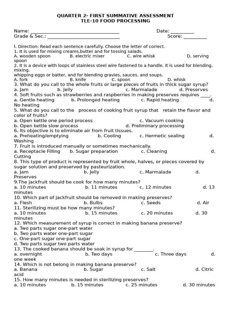 Q2 TLE-10 Food Processing Assessment | PDF | Fruit Preserves | Food And Drink Preparation