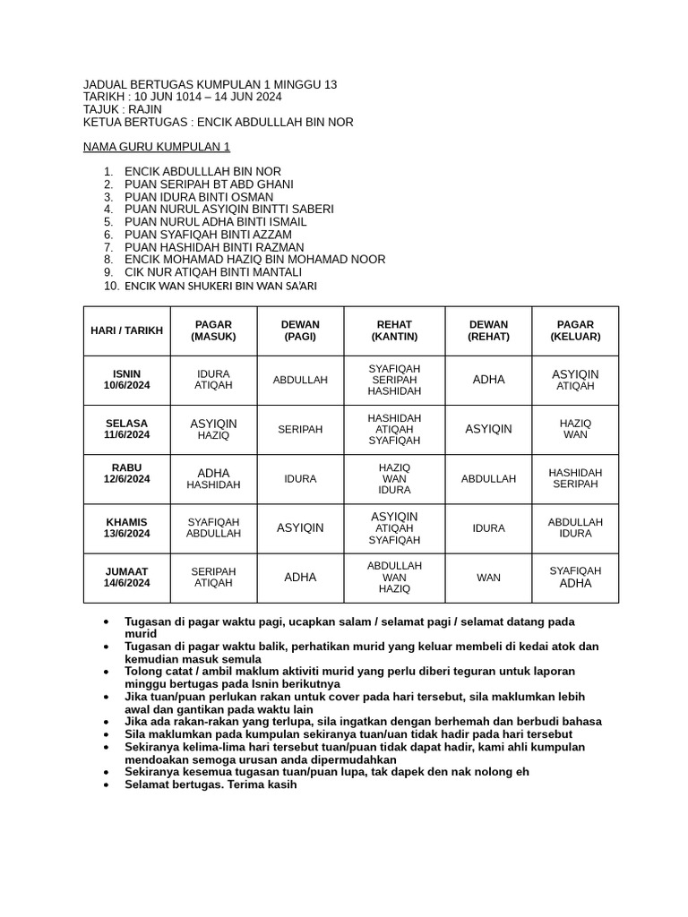 Contoh Jadual Guru Bertugas Kumpulan 1 10 Jun 2024 | PDF