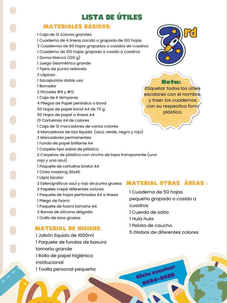 Lista de materiales escolares stickers cafe y amarillo_20240815_072307 ...