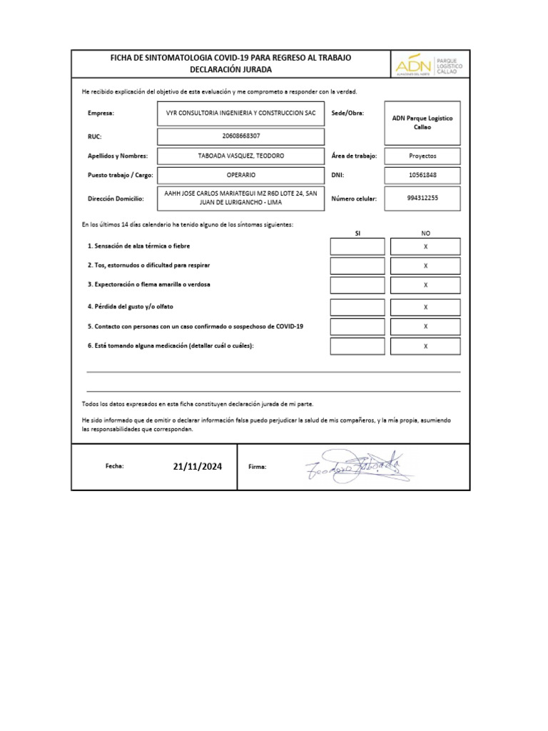 Ficha Sintomatologica Covid - Taboada Vasquez Teodoro | PDF