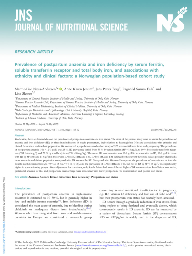 Postpartum Iron Deficiency Prevalence | PDF | Childbirth | Anemia