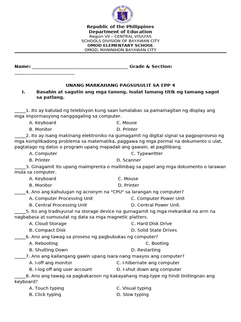 Q1 PT - EPP 4 MATATAG | PDF