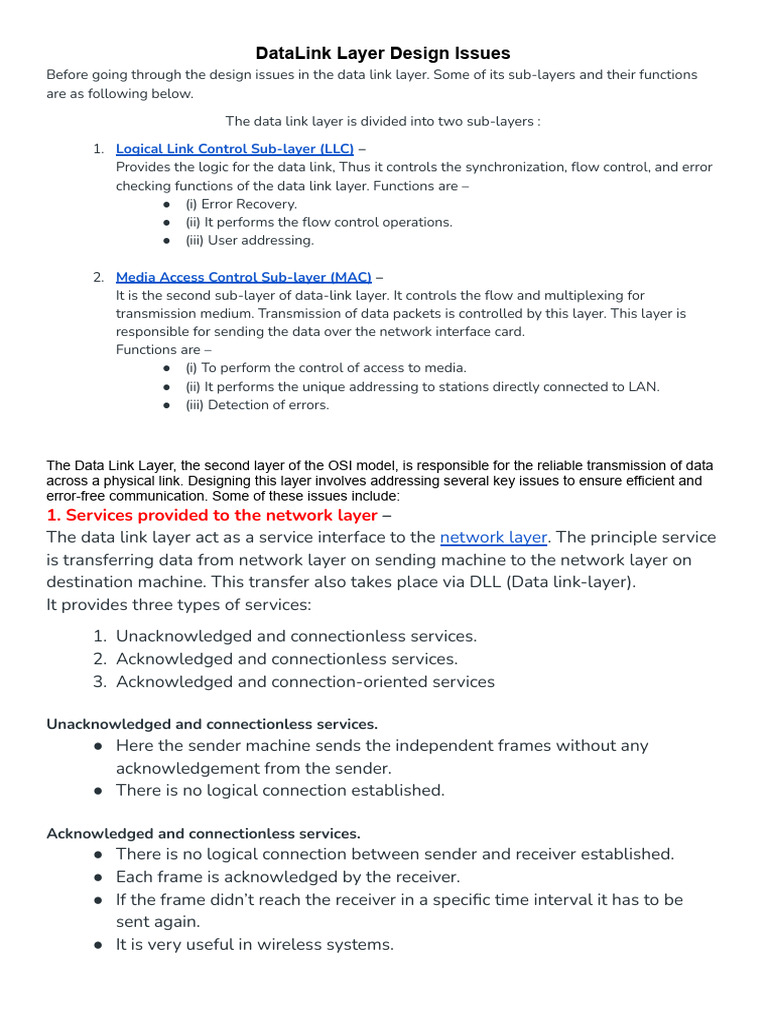 DataLink Layer Design Issues | PDF | Computer Network | Error Detection And Correction