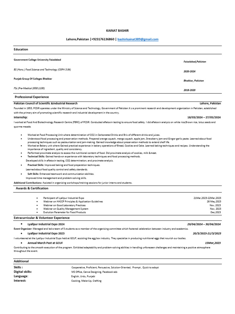 Kainat Bashir Cvv | PDF | Food Processing | Food Preservation