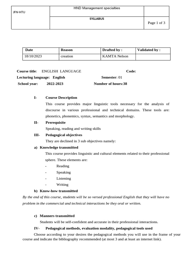 HND English Language Course Syllabus | PDF | Linguistics | English Language
