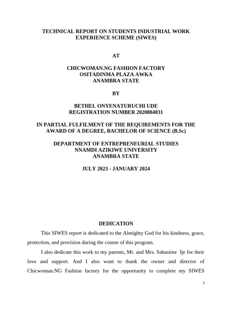 Siwes Report, Entrepreneurship Studies | PDF | Sewing | Dress