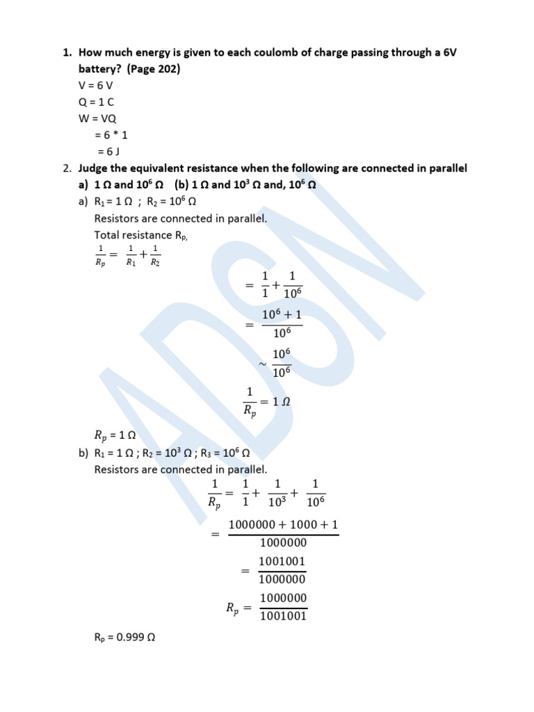P T G10 Electrical Numericals 1 Pdf Series And Parallel Circuits