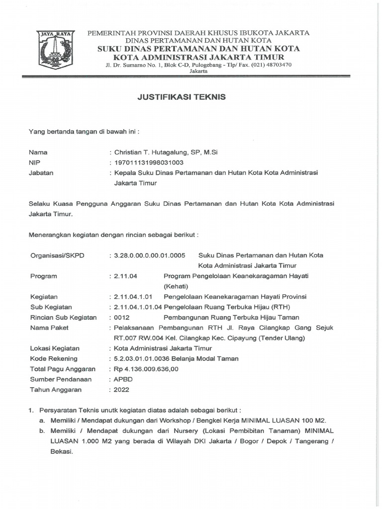 Justifikasi Teknis TMB Cilangkap TU | PDF