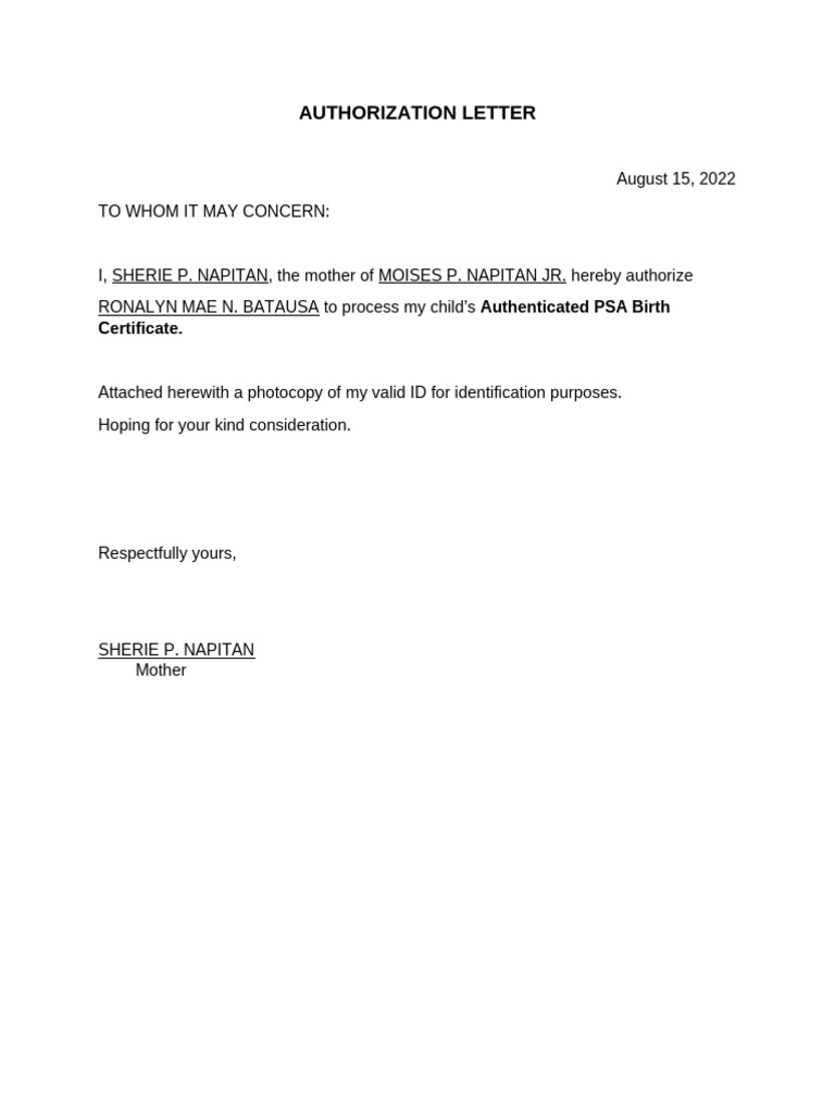 Authorization Letter Psa | PDF