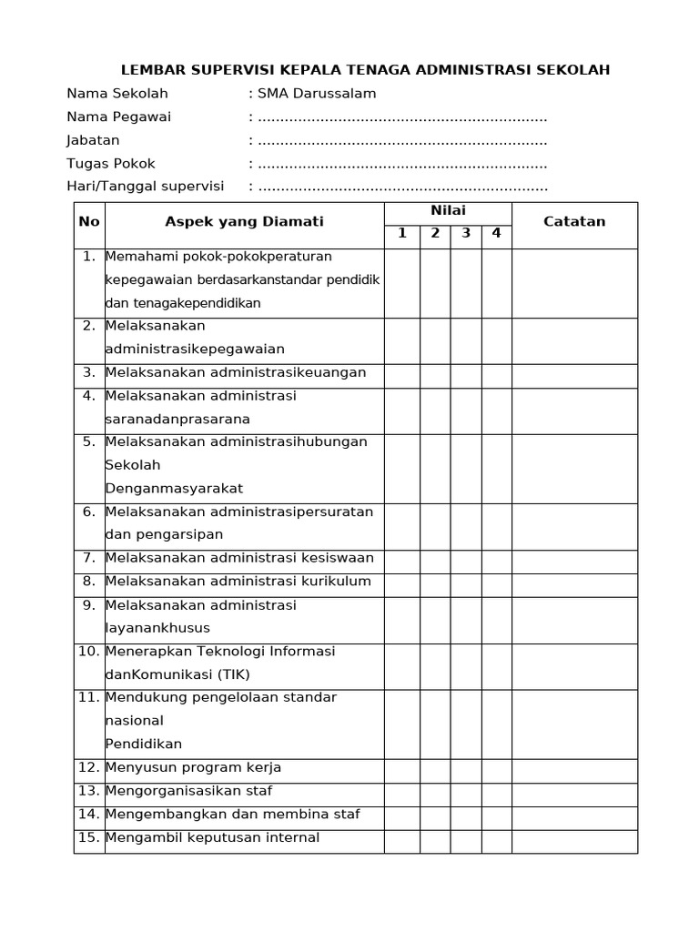 Lembar Supervisi Kepala Tendik | PDF