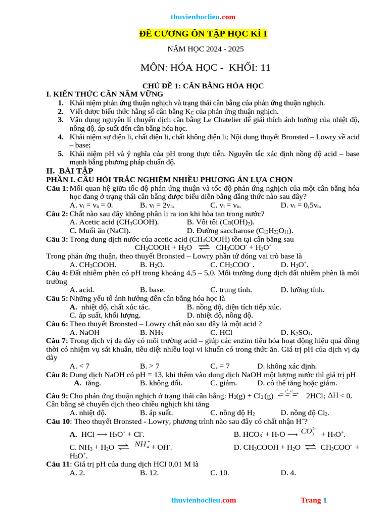 De Cuong On Tap Cuoi HK1 Hoa 11 KNTT 24 25 | PDF