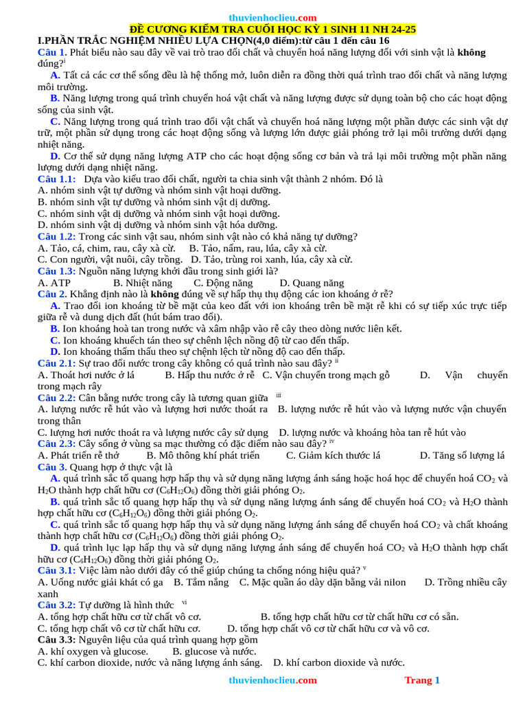 Thuvienhoclieu.com de Cuong on Tap HK1 Sinh 11 Canh Dieu 24 25 | PDF