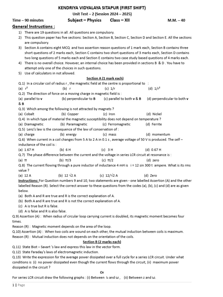 CLASS XII Physics UT-II 2024-25 | PDF | Inductor | Inductance
