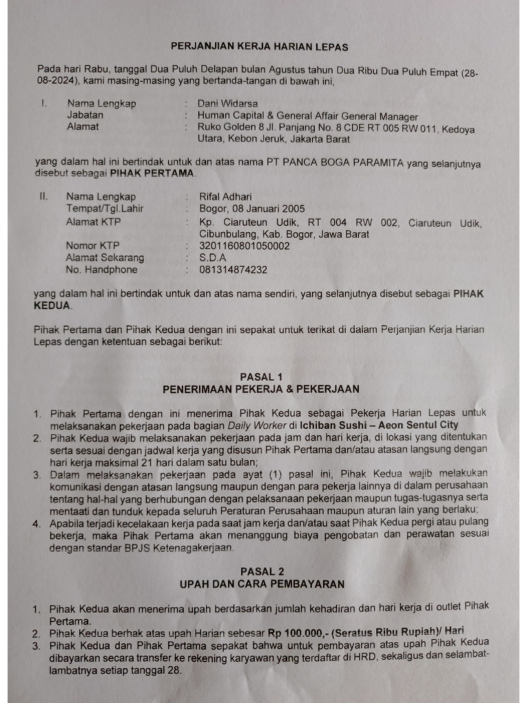 Surat Perjanjian Kerja RIFAL ADHARI | PDF