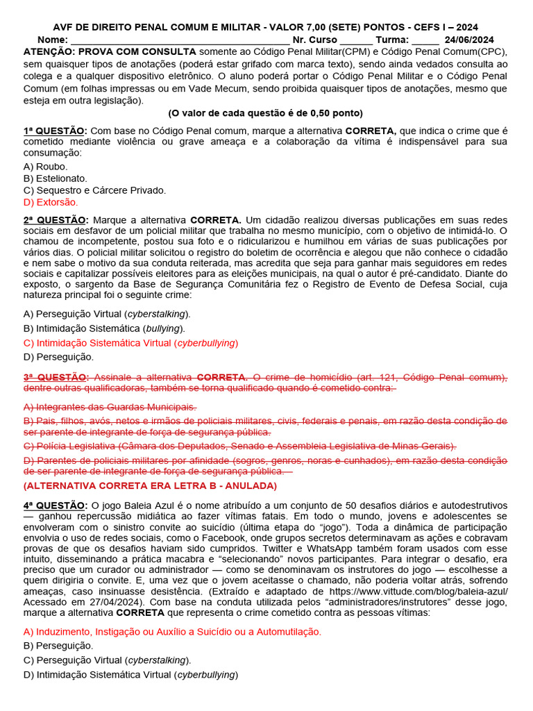 Avf Gabarito Formatada DPCM Cefs I 24 | PDF | Crimes | Crime e Violência