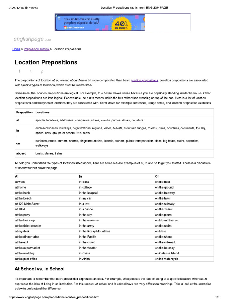 Locations Prepositions | PDF