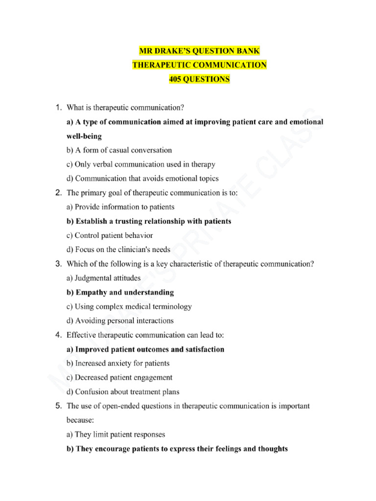 Therapeutic Communication 405 Question Bank | PDF