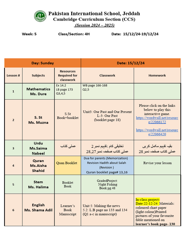 4H T2 Week 5 Schedule.docx | PDF