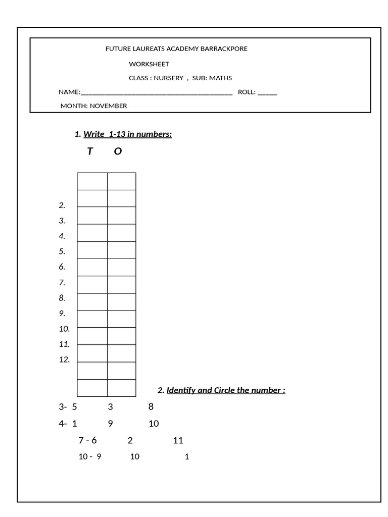 Nursery Worksheet - Maths | PDF