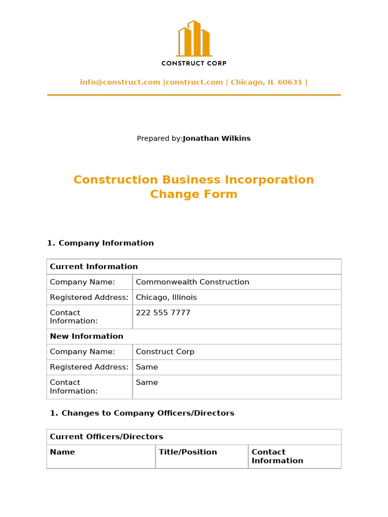Construction Business Incorporation Change Form | PDF