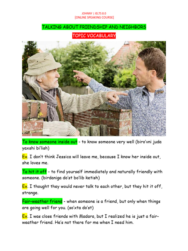 IELTS Speaking Course: Friendship & Neighbors Vocabulary | PDF ...