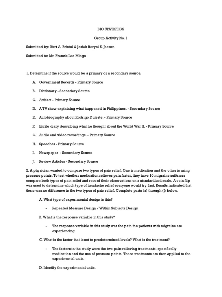 BIO STATISTICS Act. No. 1-2 | PDF | Sampling (Statistics) | Sample Size ...