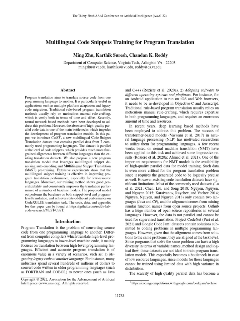 Multilingual Code Snippets Training for Program Translation | PDF | Computing | Computer Programming