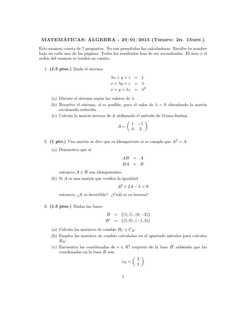 Examen de Álgebra Avanzada | PDF | Mapa lineal | Matriz (Matemáticas)