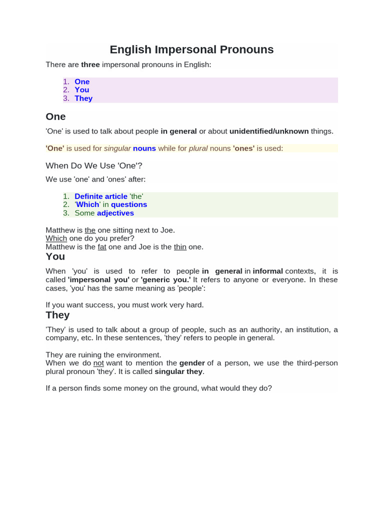 English Impersonal Pronouns UNIT 4 | PDF