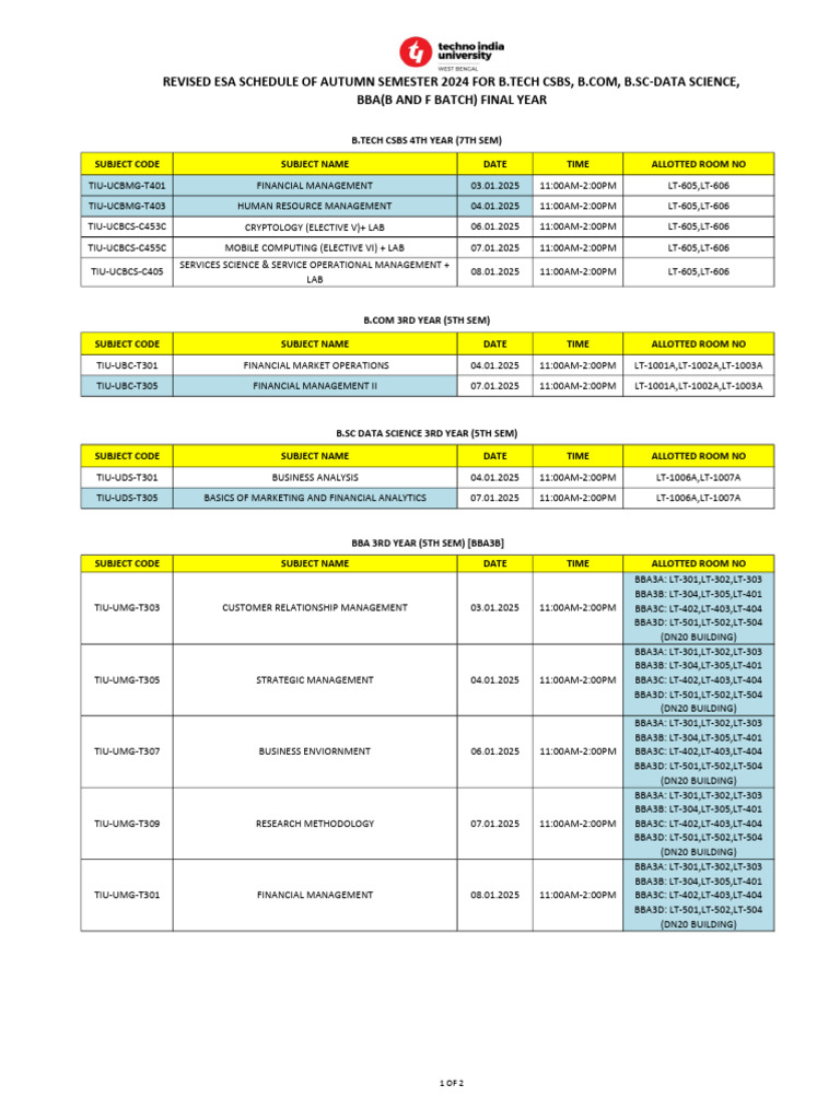 REVISED ESA SCHEDULE OF AUTUMN SEMESTER 2024 FOR B.TECH CSBS, B.COM, B.SC-DATA SCIENCE, BBA3B ...