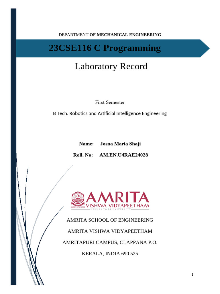 C - Programming - Lab - Record - S1 - RAE - Answersjosna - Actual Josna - Project | PDF | C ...