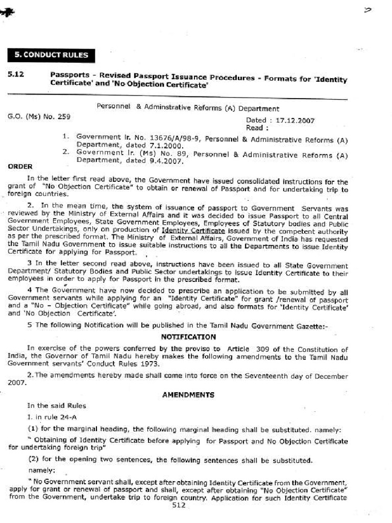 ID CARD G.O.ms .No .259 Personnel Administration Reforms A Department Dated 17.12.2007 Passport ...