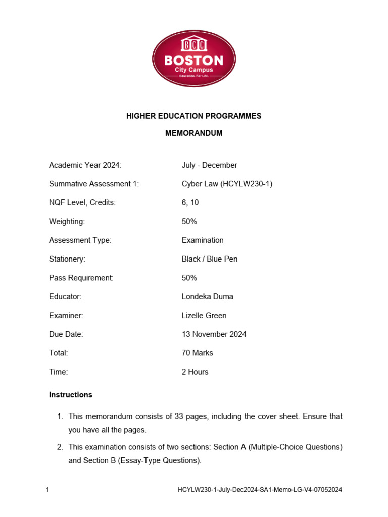 HCYLW230 1 July Dec2024 SA1 Memo LG V4 07052024 | PDF | Trademark | Trademark Dilution